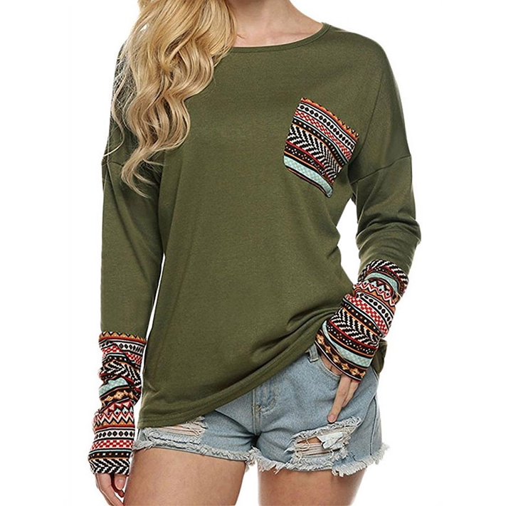 Nlife Women's Long Sleeve Round Neck Boho Print Cuff Top - Walmart.com