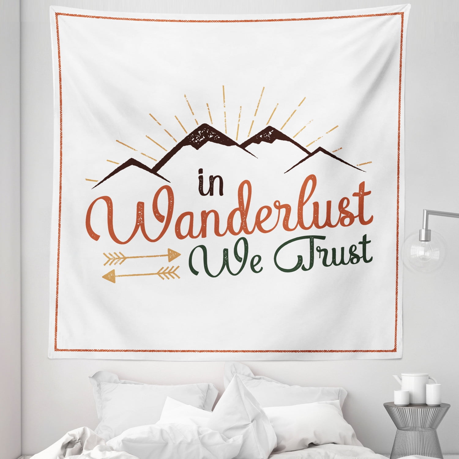 Camping Tapestry, Wanderlust We Trust Calligraphy with Mountaand Arrow ...