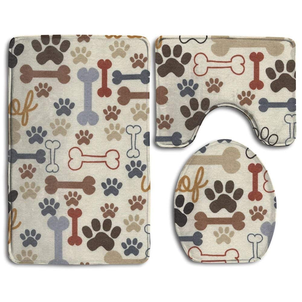 GOHAO Dog Bones Paw Prints Cream 3 Piece Bathroom Rugs Set Bath Rug ...