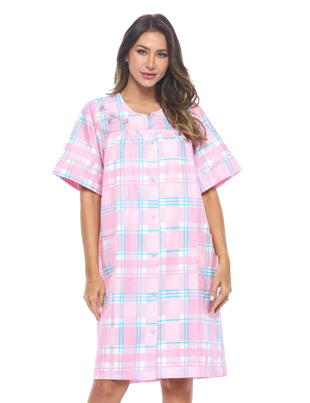 Casual Nights Women's Snap Front House Dress Short Sleeve Woven Duster ...