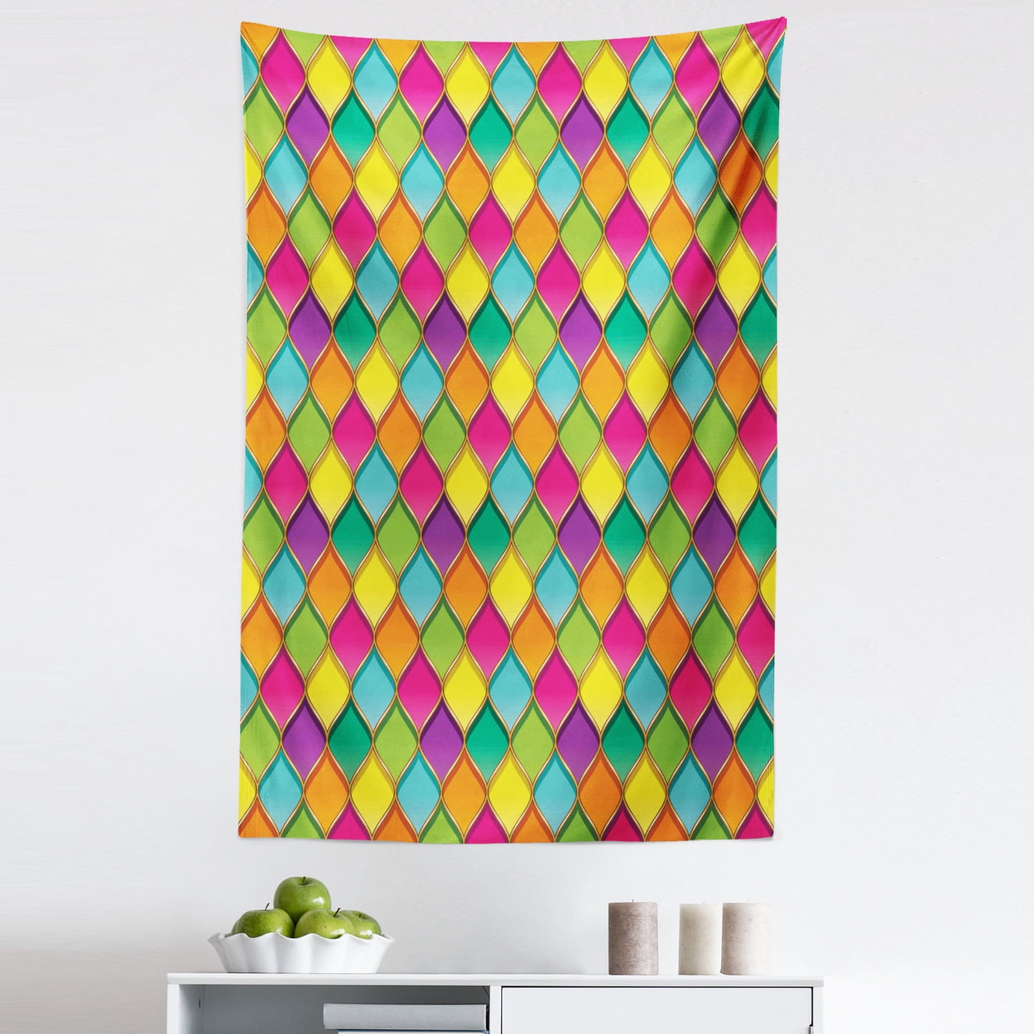 Geometric Tapestry, Vivid Colored Stained Glass Style Pattern Wavy ...