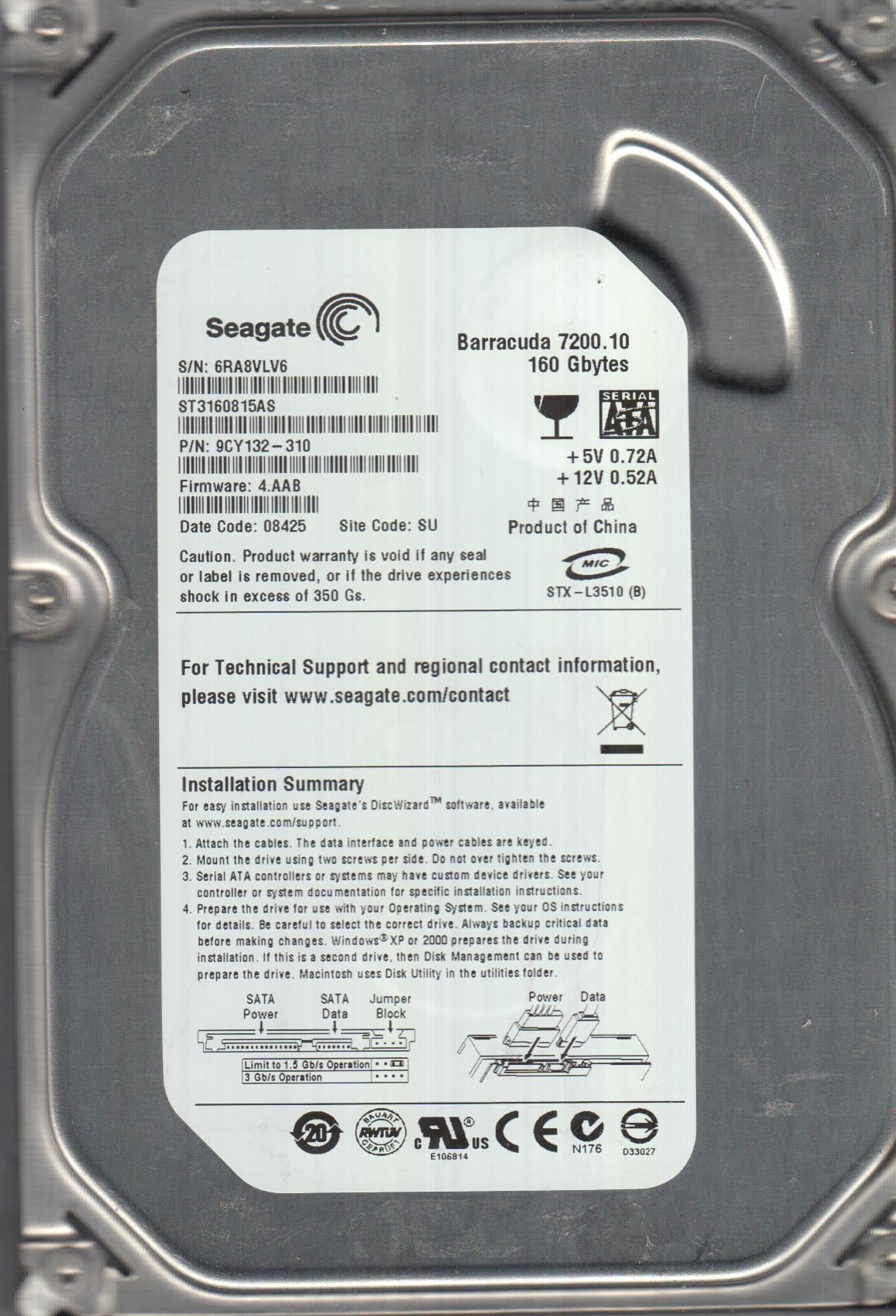 ST3160815AS, 6RA, SU, PN 9CY132-310, FW 4.AAB, Seagate 160GB SATA 3.5 ...