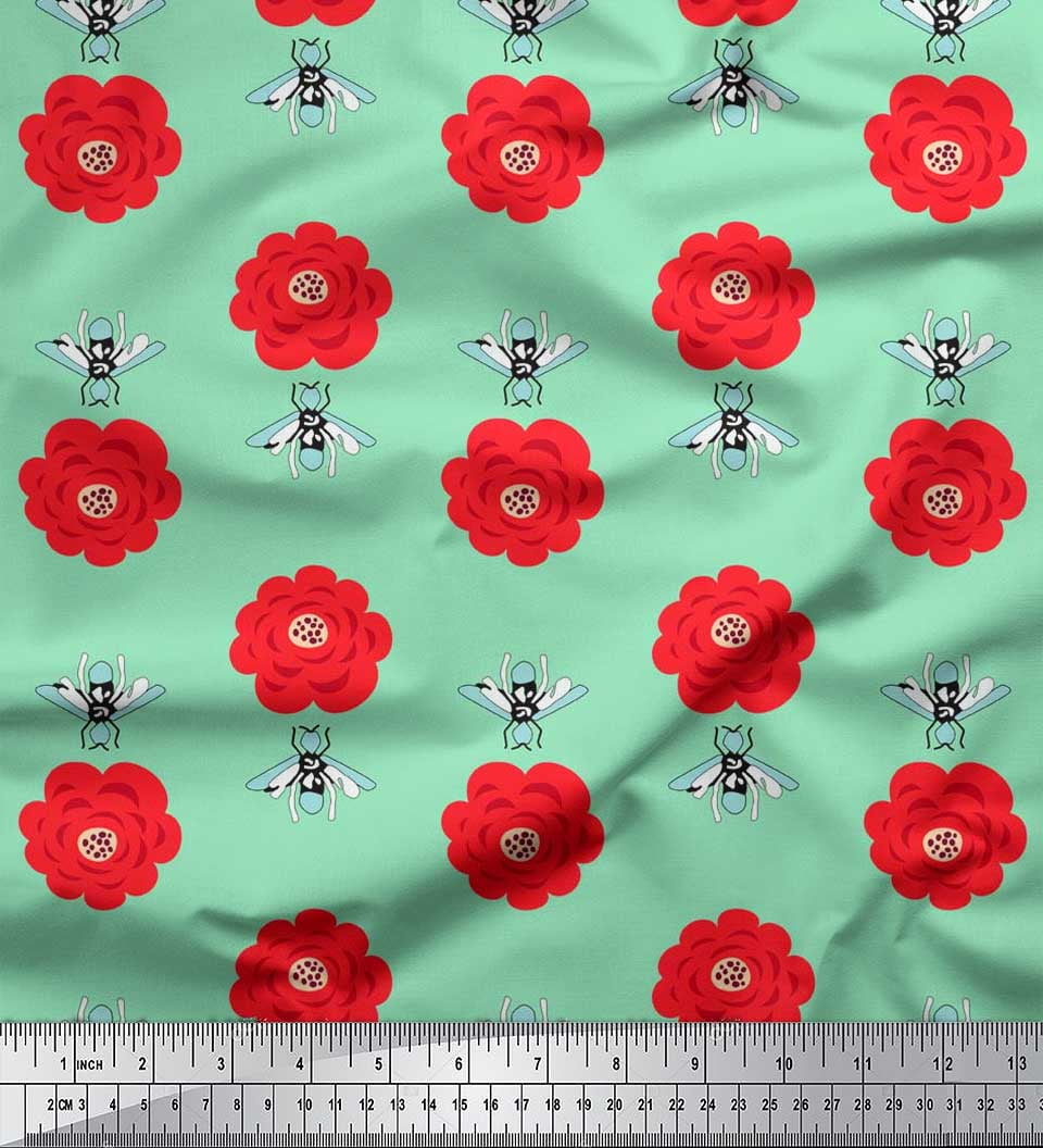 Soimoi Satin Silk Fabric Floral & Bee Insects Print Fabric by The Yard ...
