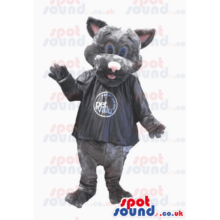 Grey Cat Plush SPOTSOUND Mascot Wearing A Black Shirt With A Logo ...
