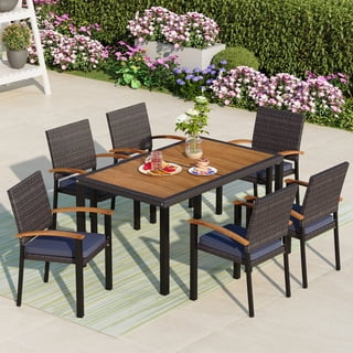 Arabella Outdoor 7 Piece Acacia Wood Wicker Dining Set, Multibrown ...