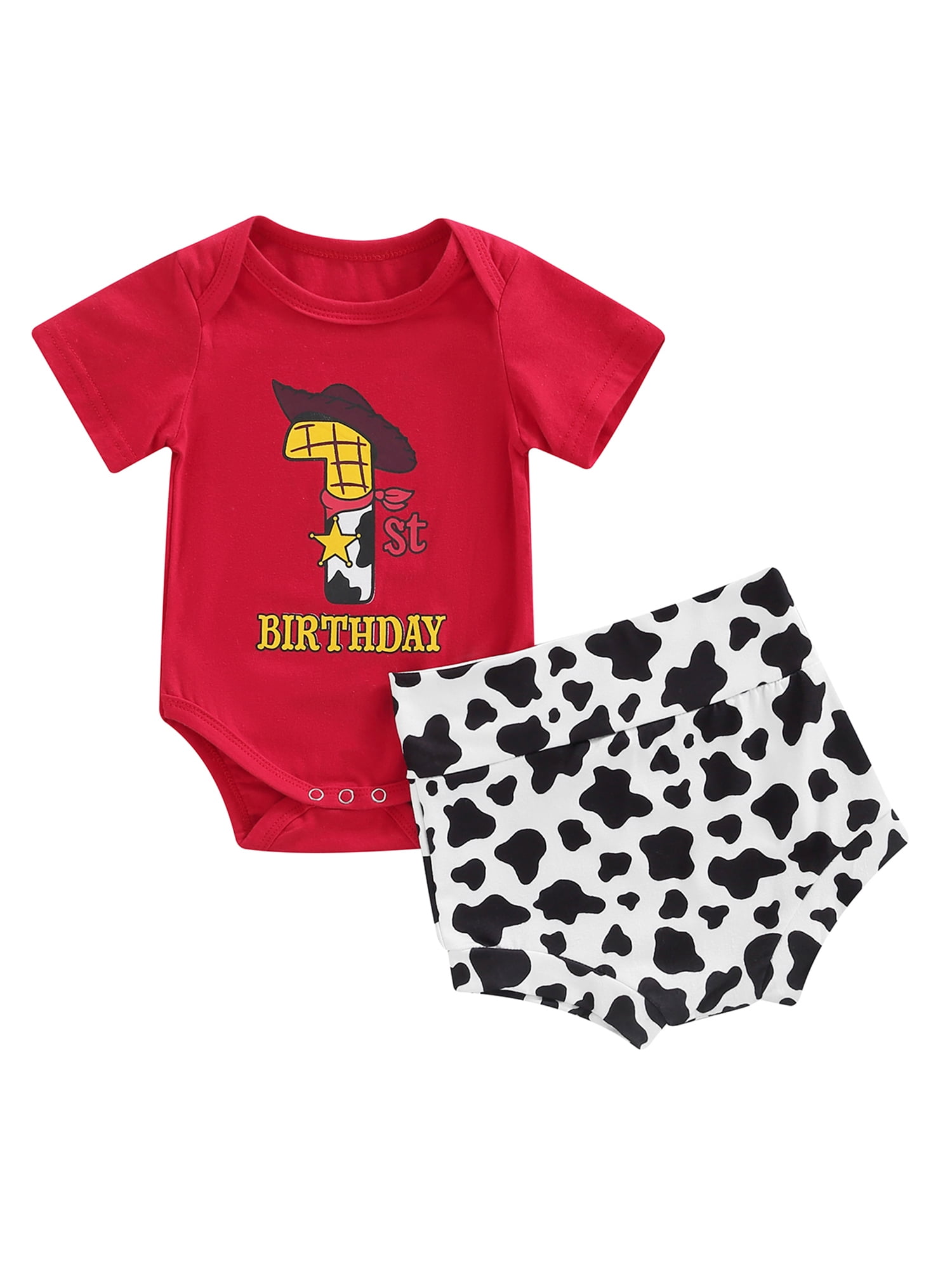 Genuiskids 1st Birthday Outfit Baby Boy Girl Western Cowboy Short Sleeve Romper + Cow Print ...