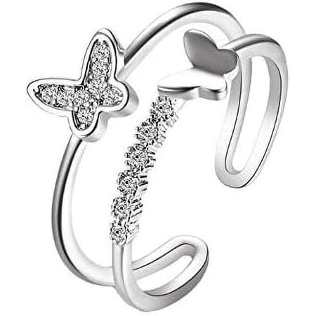 Dainty Butterfly Ring for Women Teen Girls Silver Rose Gold Double ...