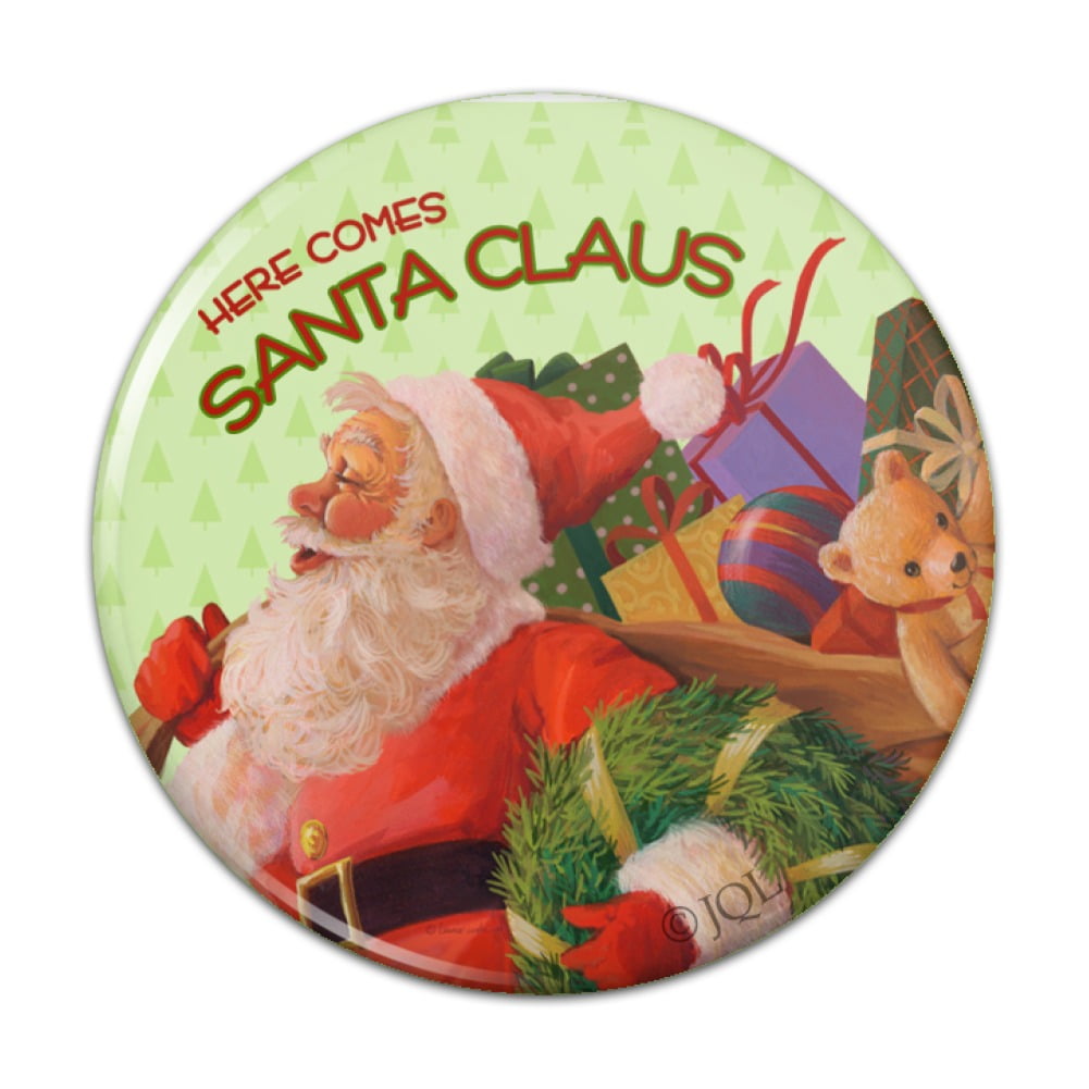 Christmas Holiday Here Comes Santa Claus Graphic Pinback Button Pin ...
