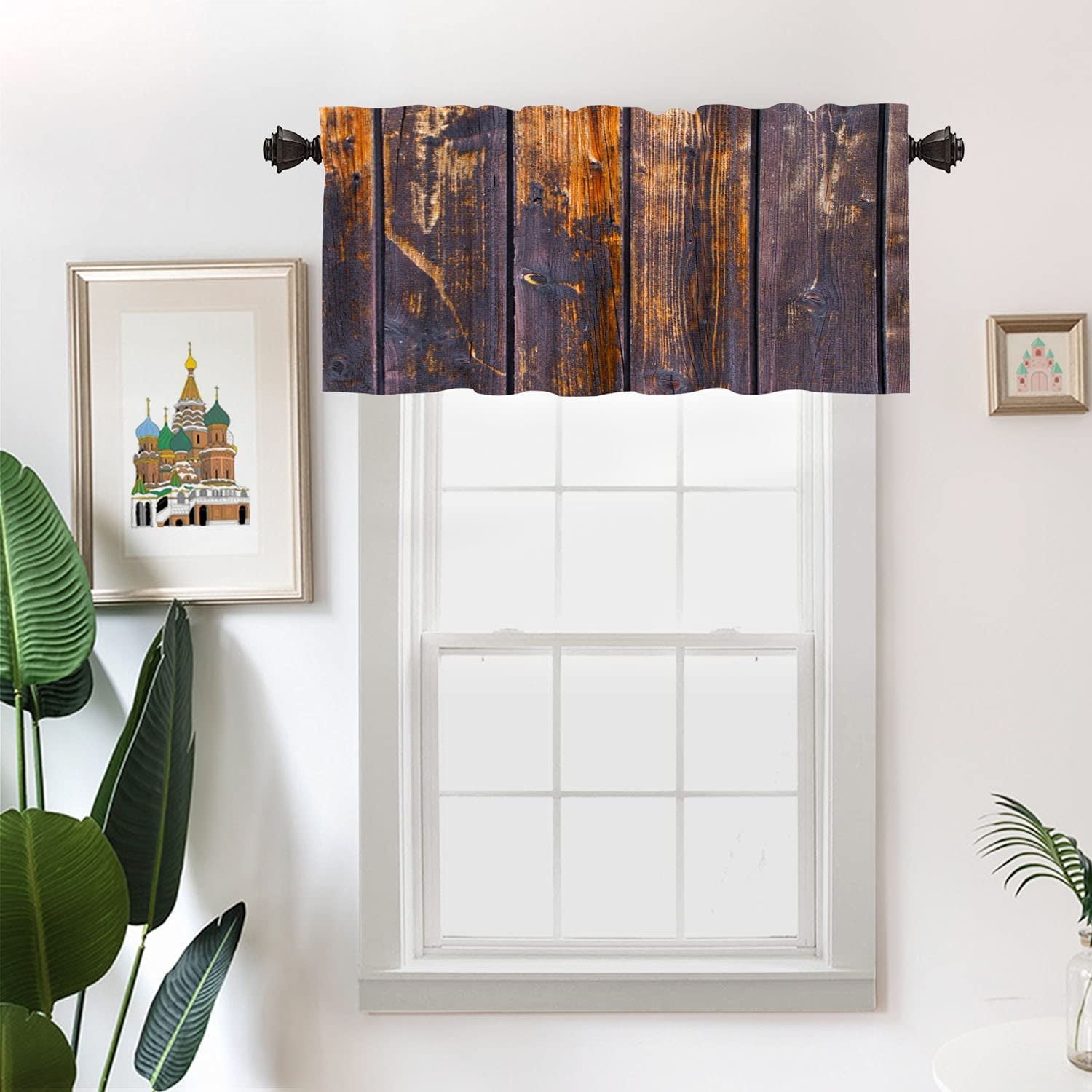 Rustic Wood Kitchen Valances Half Window Curtain, Brown Wooden Blue ...