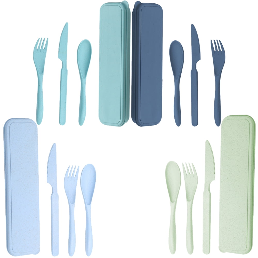 Travel Camping Reusable Utensils Set With Case, 4 Sets Wheat Straw Portable Utensils Set ...