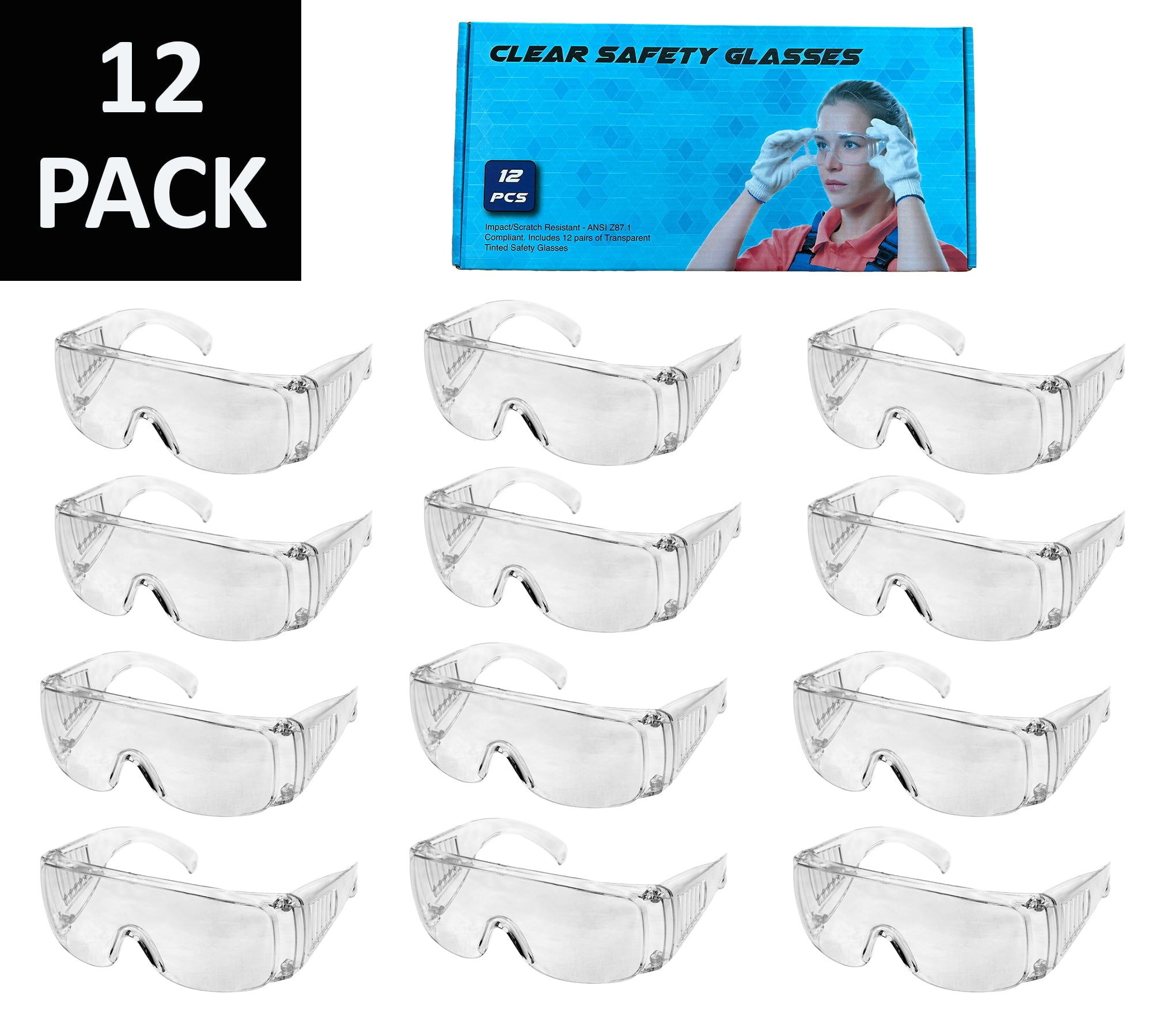 Clear Safety Glasses, Anti-Fog, Scratch Resistant, Fit Over Eyeglasses ...