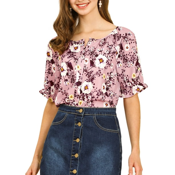 Unique Bargains Womens Floral Print Button Down Scoop Neck Ruffled