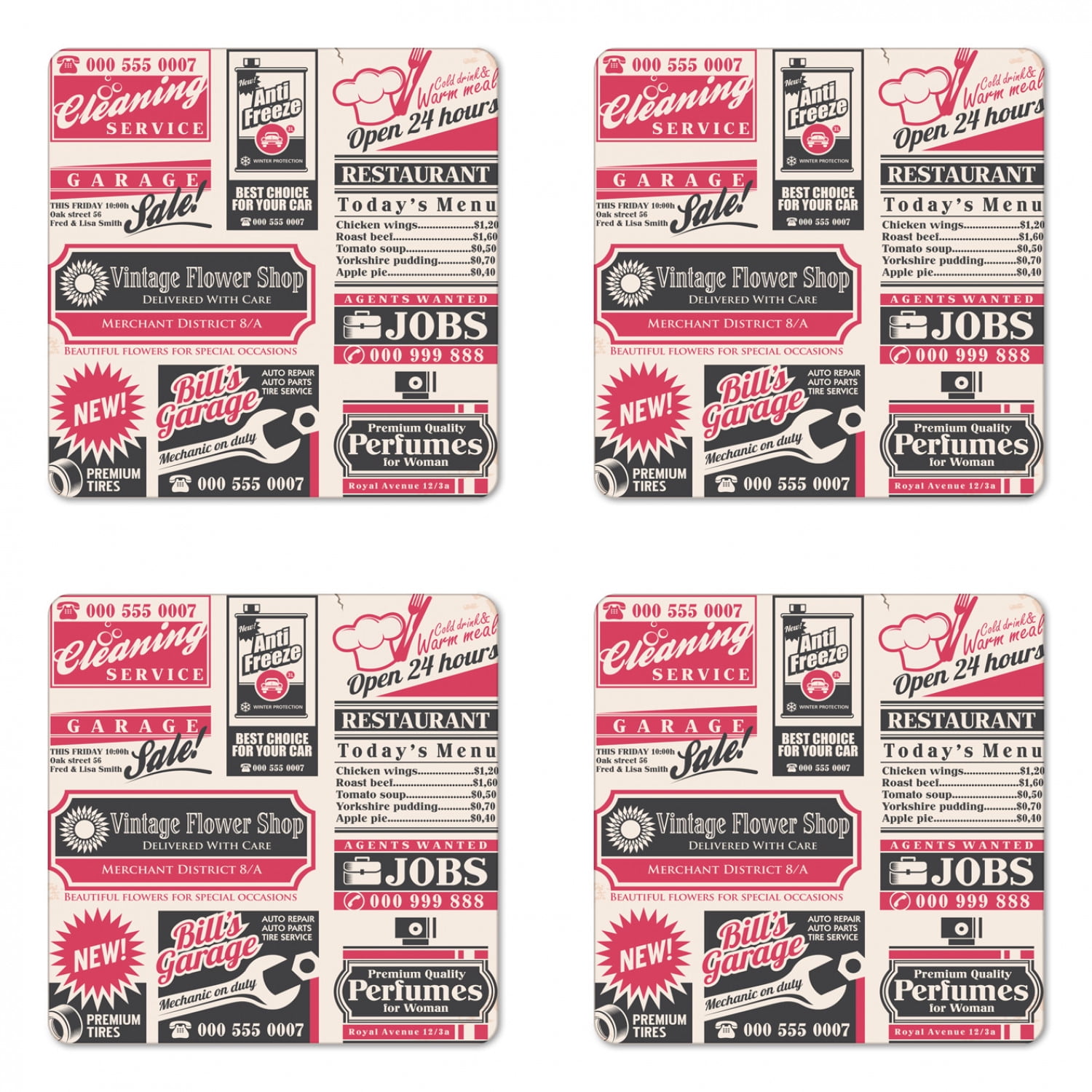 Retro Coaster Set of 4, Retro Newspaper Magazine Design Outdated Layout ...