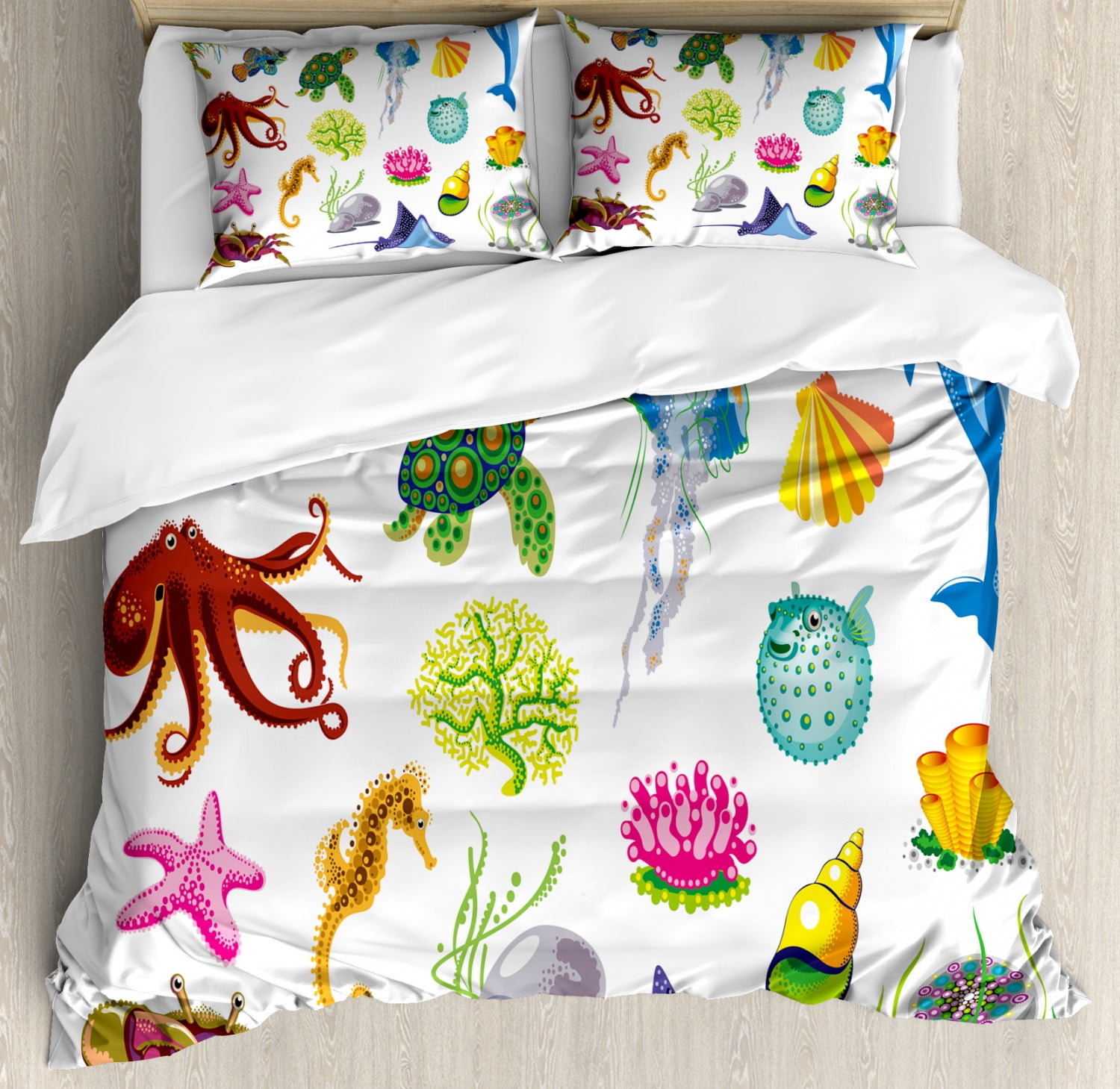 Marine Duvet Cover Set King Size, Sea Animals Octopus Dolphin Shells ...