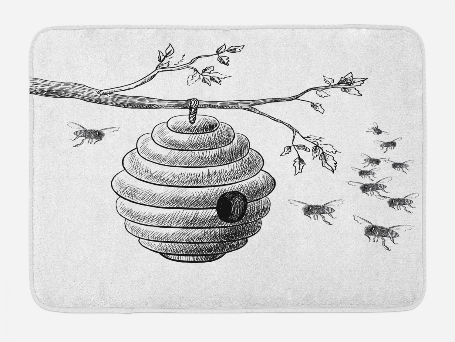 Nature Bath Mat, Sketchy Hand Drawn Image of Honeycomb Bees Leaves ...