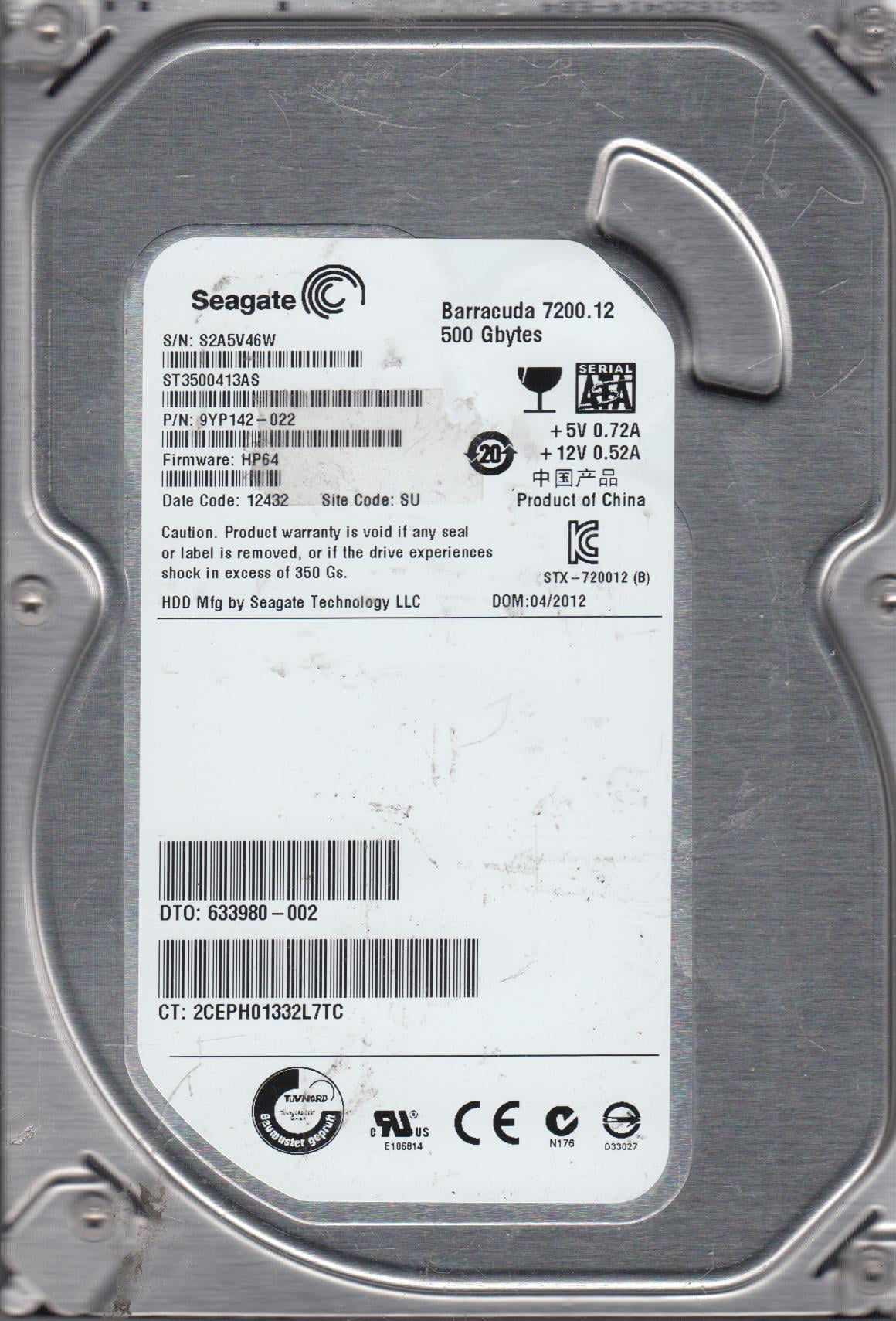 ST3500413AS, S2A, SU, PN 9YP142-022, FW HP64, Seagate 500GB SATA 3.5 ...