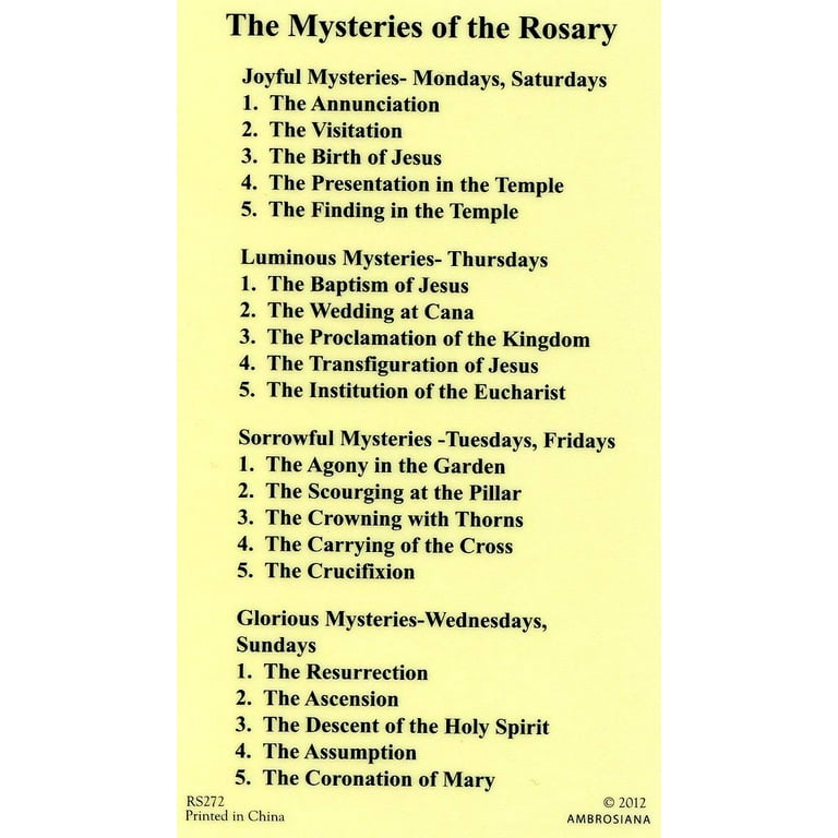 The Mysteries of the Rosary holy card laminated Pack of 25