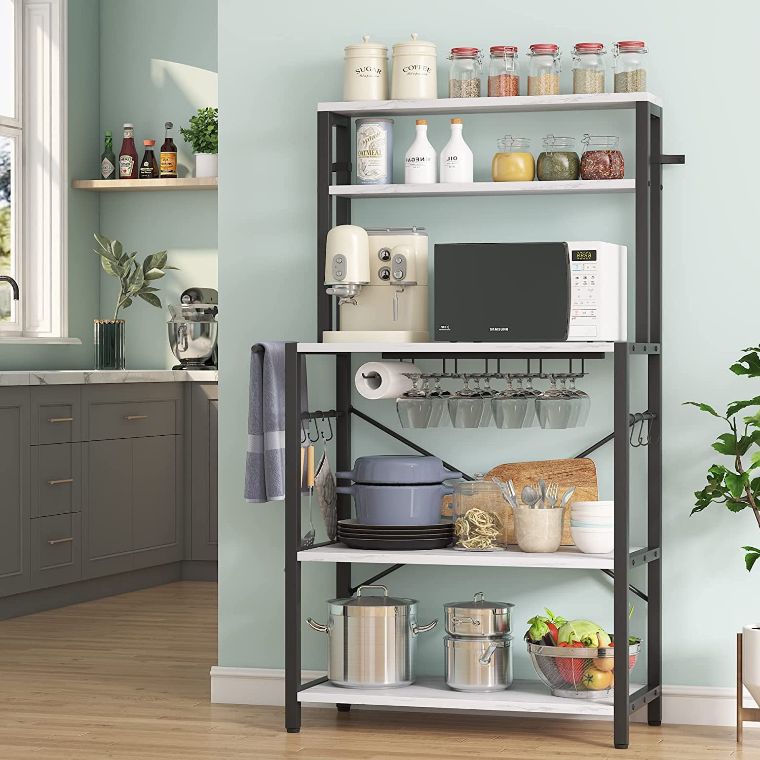 TribeSigns 5-Tier Kitchen Baker's Rack with Wine Glass Holder & 6 Hooks ...