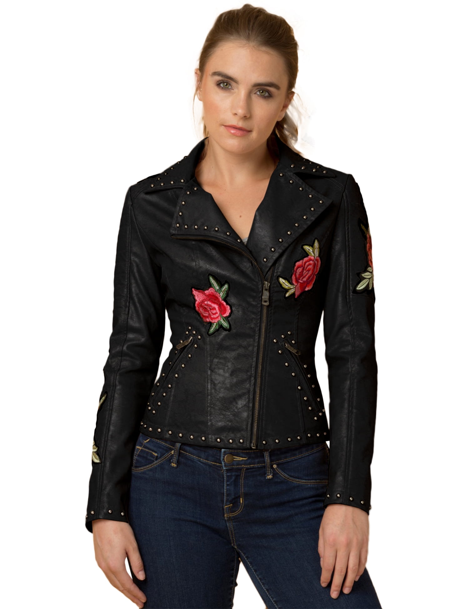 MBJ WJC1497 Wmens Faux Leather Floral Embroidered Biker Jacket L BLACK ...