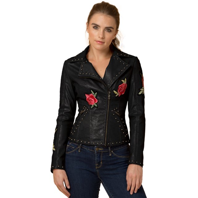 MBJ WJC1497 Wmens Faux Leather Floral Embroidered Biker Jacket L BLACK ...