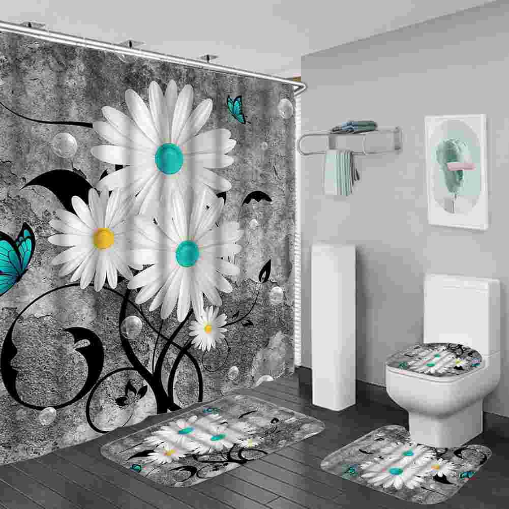 Floral Bathroom 4-piece Set Spring Decoration Shower Curtain American ...