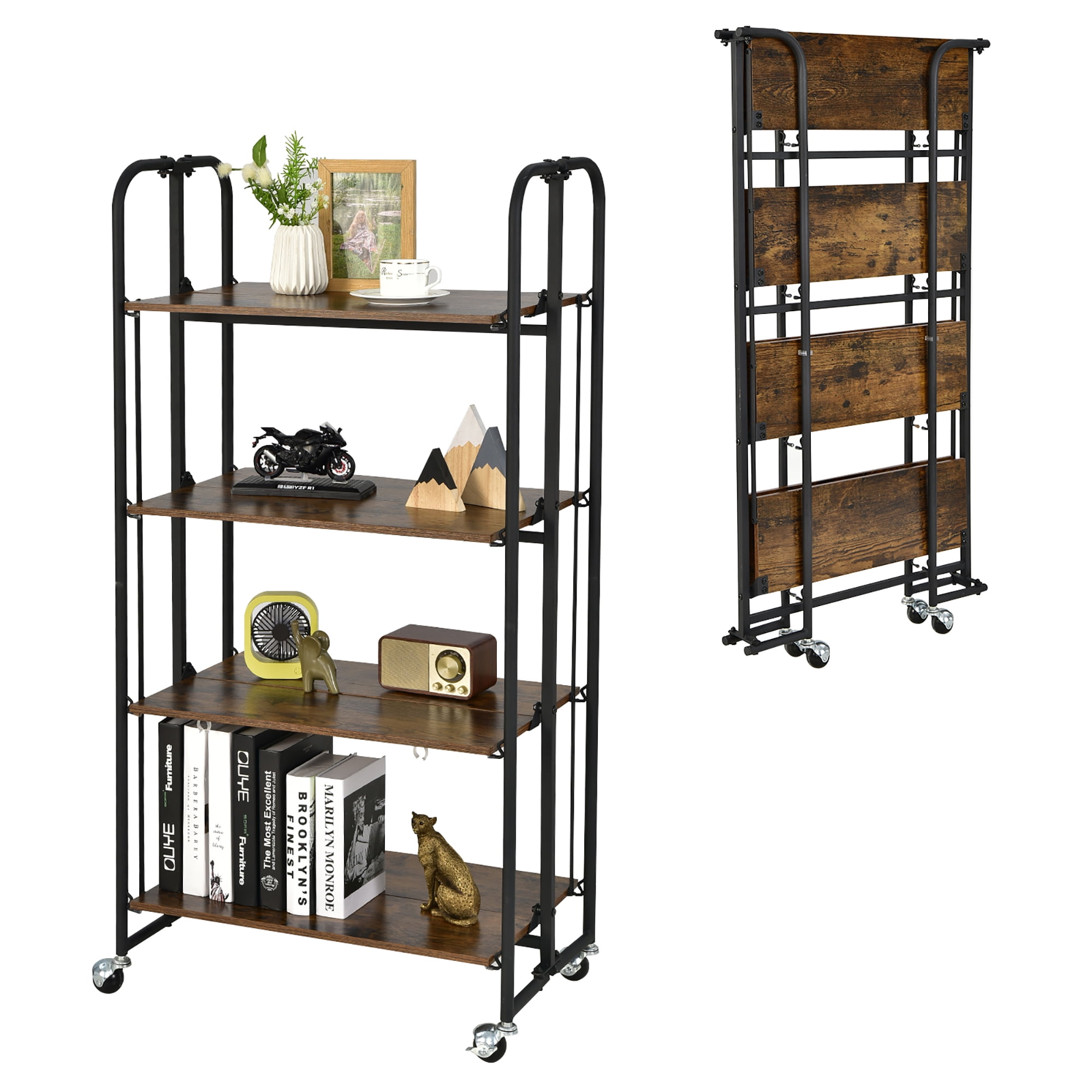 Costway 4-Tier Folding Rolling Cart Portable Storage Shelves w/Wheels ...
