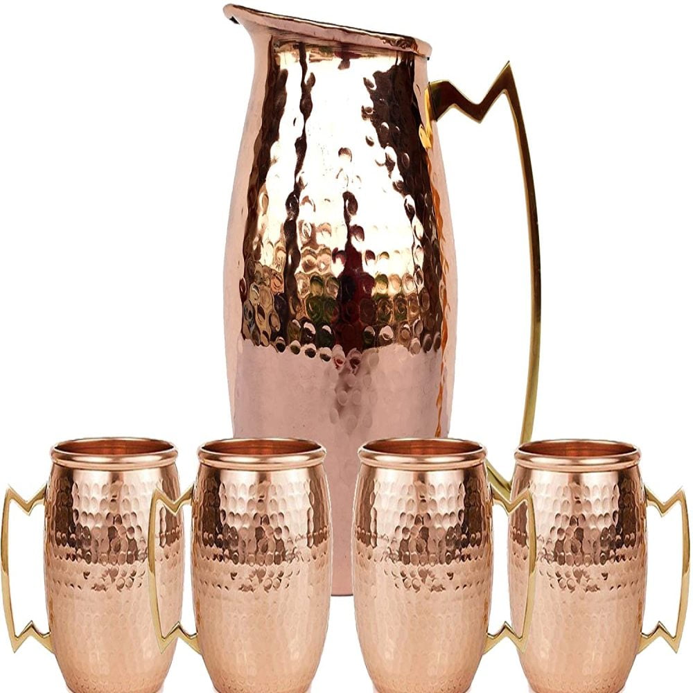 Drinkware Vintage Solid Hammered Copper Pitcher with Matching Mugs Home ...