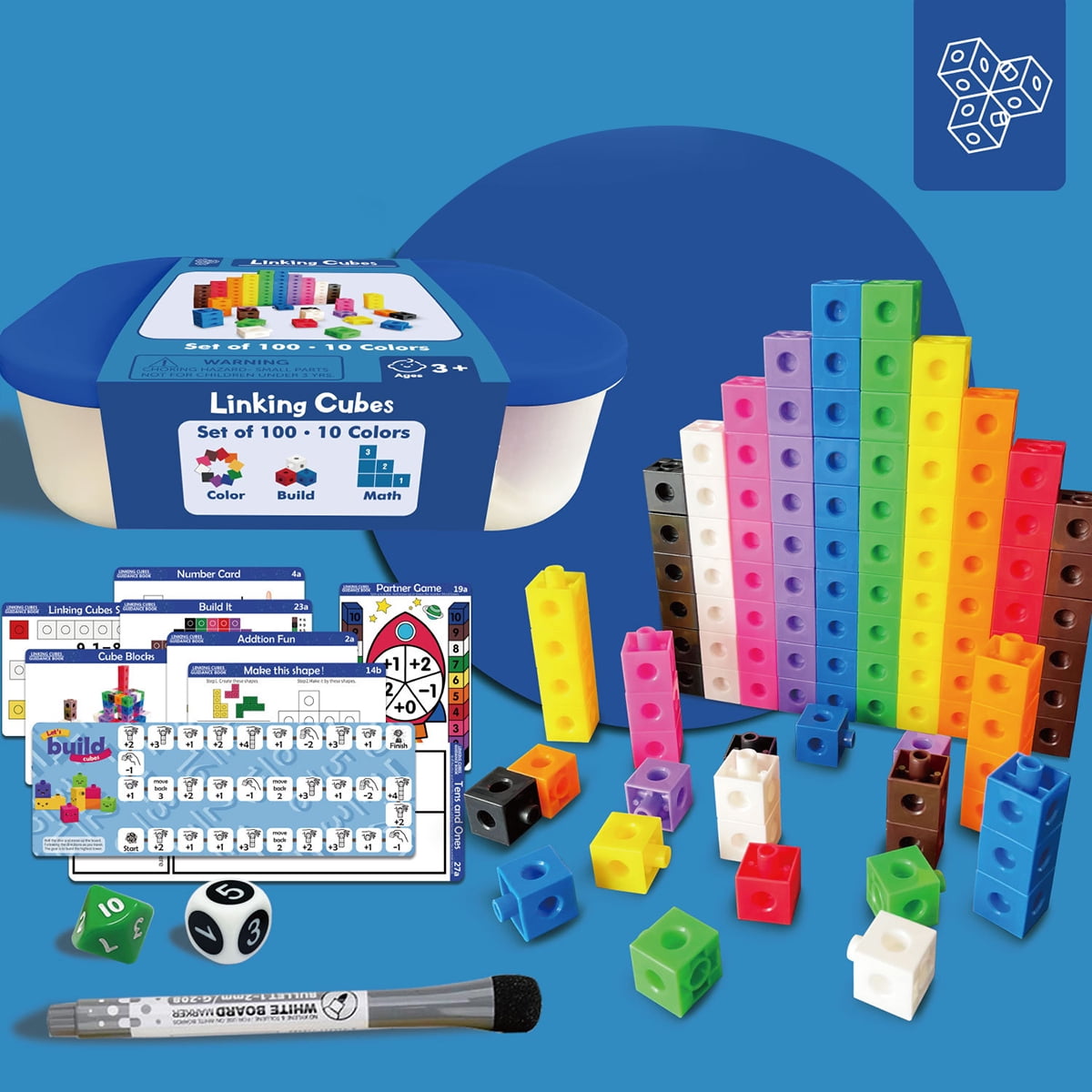 FUYGRCJ Number Blocks Counting Toys Math Cubes Set with Question Cards Dice Pen and Whiteboard ...