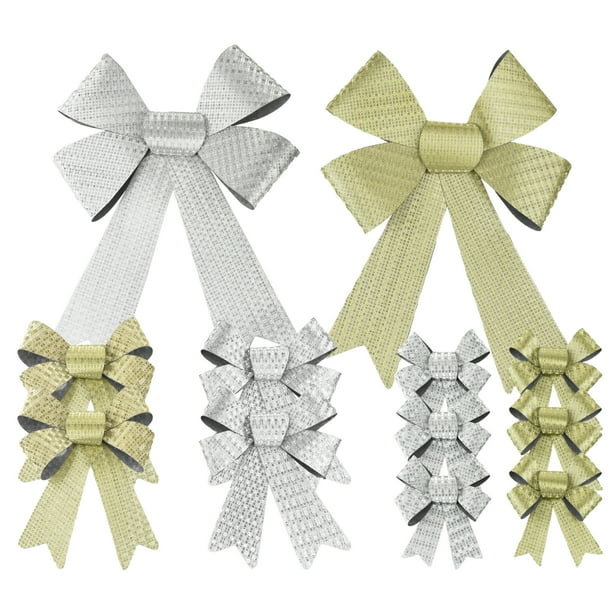5 Loop Reflective Plastic Christmas Bows, Gold/Silver, 12-Piece ...