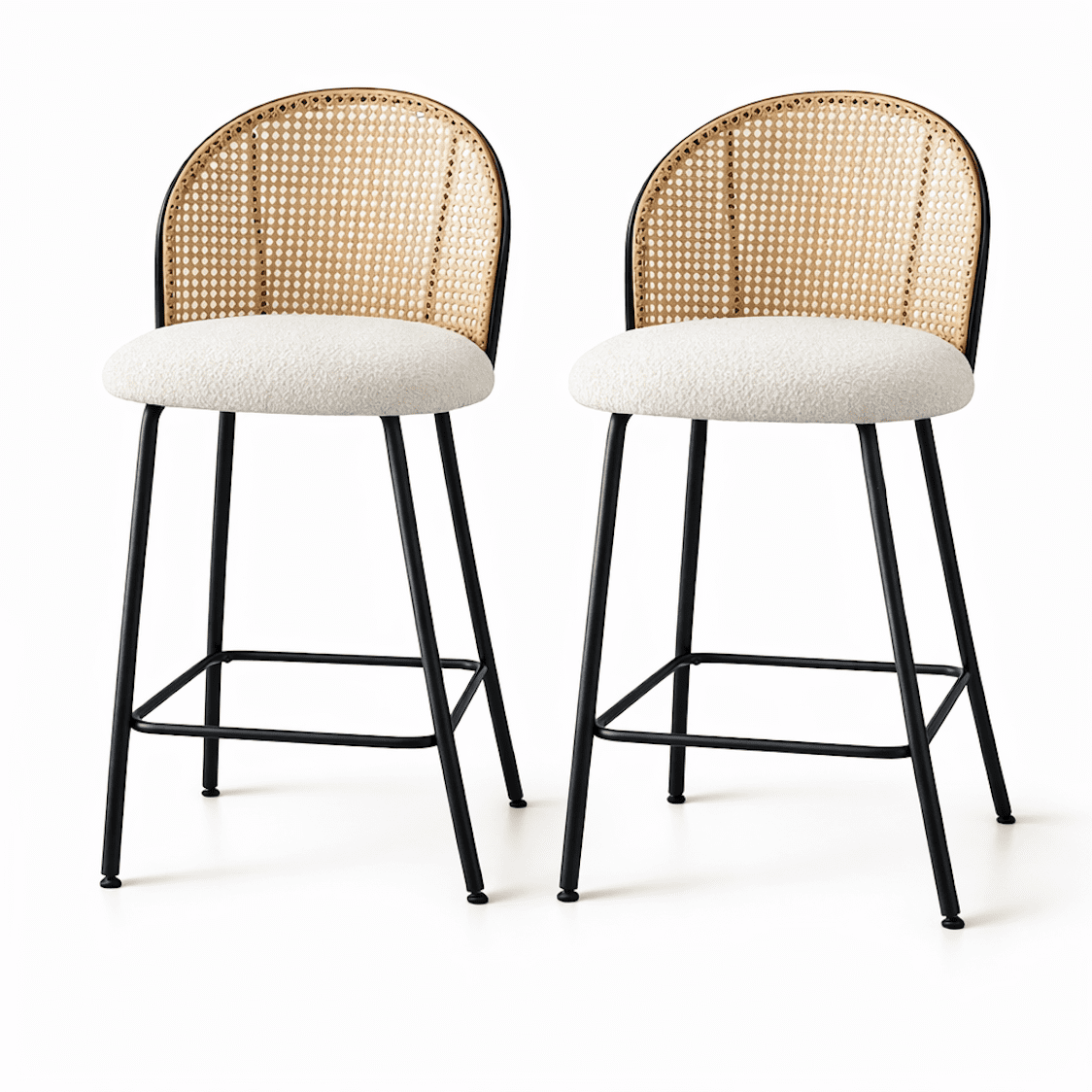 Kossmai Set Of 2 Counter Height Bar Stools  Pe Rattan Backrest  Boucle Upholstered Seat  Modern Kitchen Island Chairs  26.7 Seat Height  Black Metal