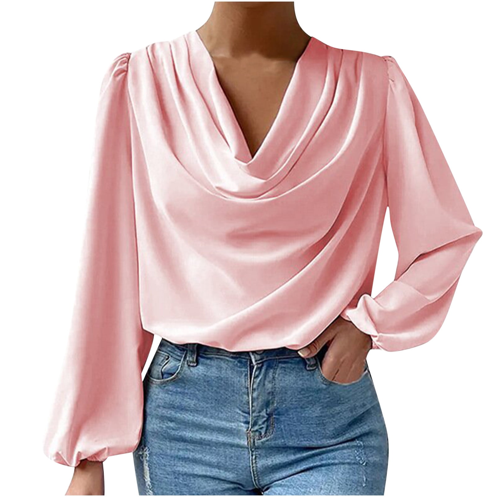 XFLWAM Women's Satin Silk Draped Cowl Neck Ruched Top Long Sleeve Solid ...
