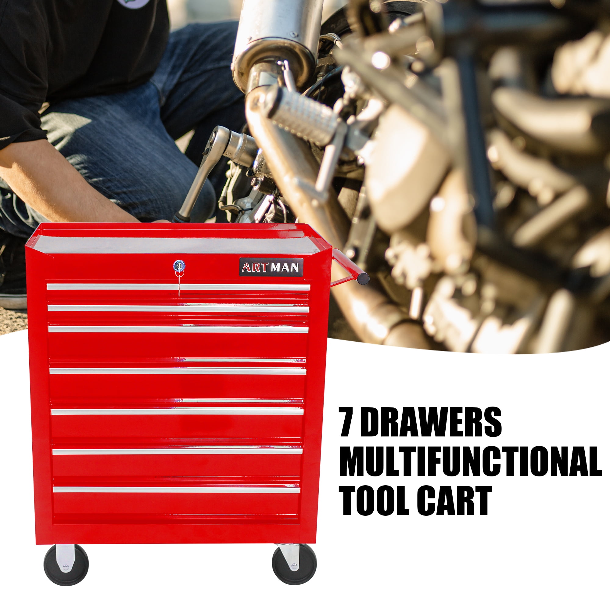 7-Drawers Rolling Tool Cart, Lockable Home Repair Tool Storage ...