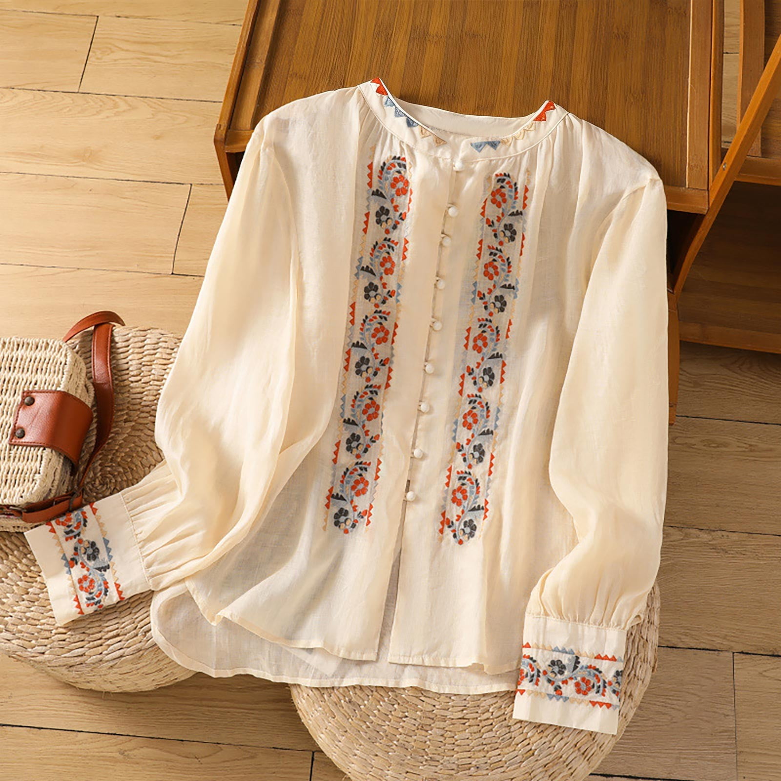 Click here for Kctiaxy Linen Shirts For Women Long Sleeve Embroid... prices