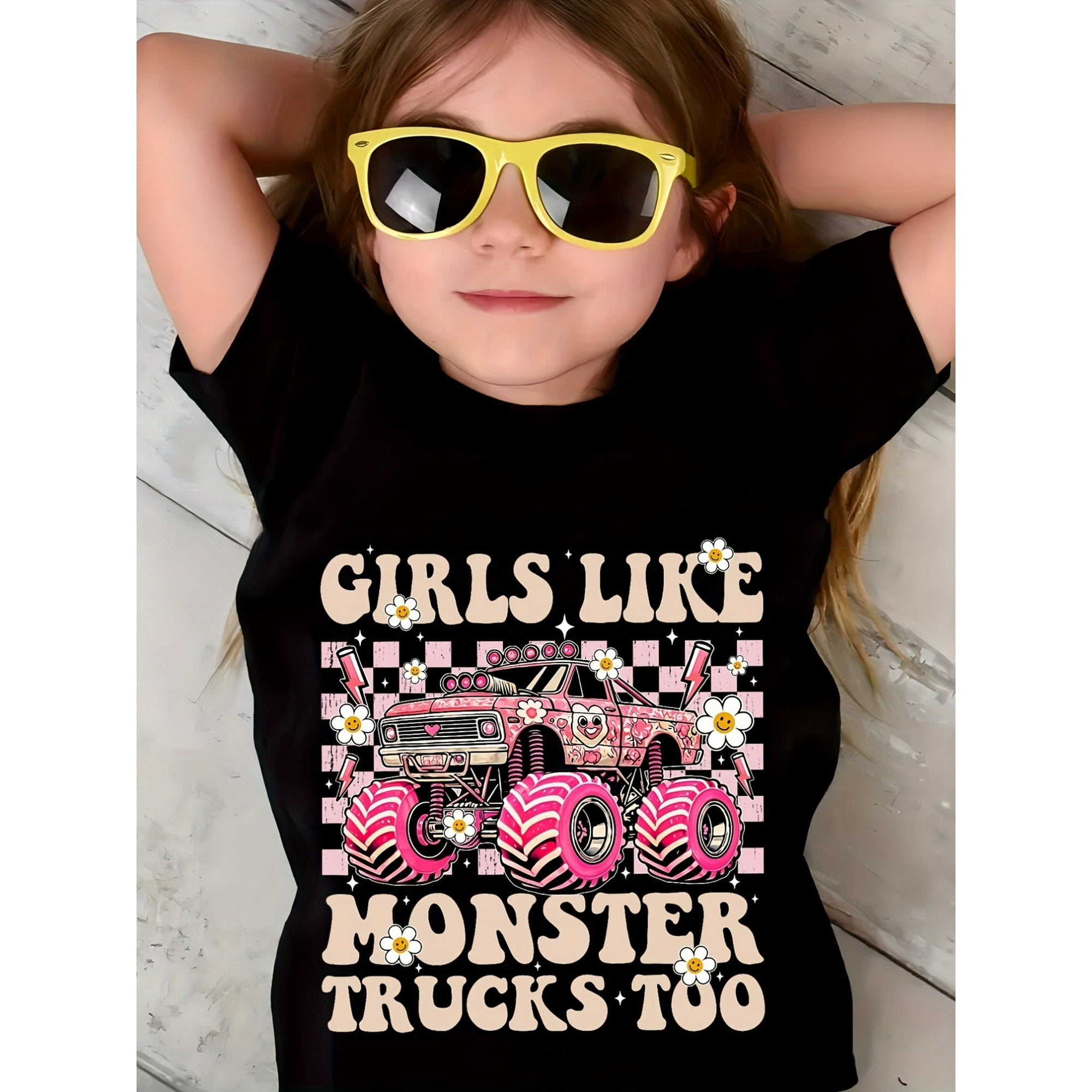 Click here for Generic Girls Like Monster Trucks Too Letter Off-R... prices