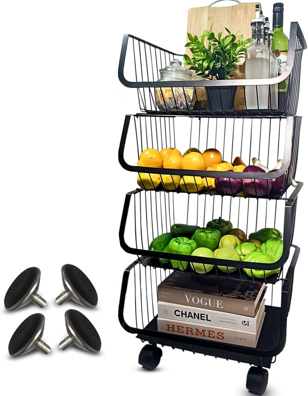 4-Tier Metal Black Utility Rolling Cart, Storage Organizer Basket with ...