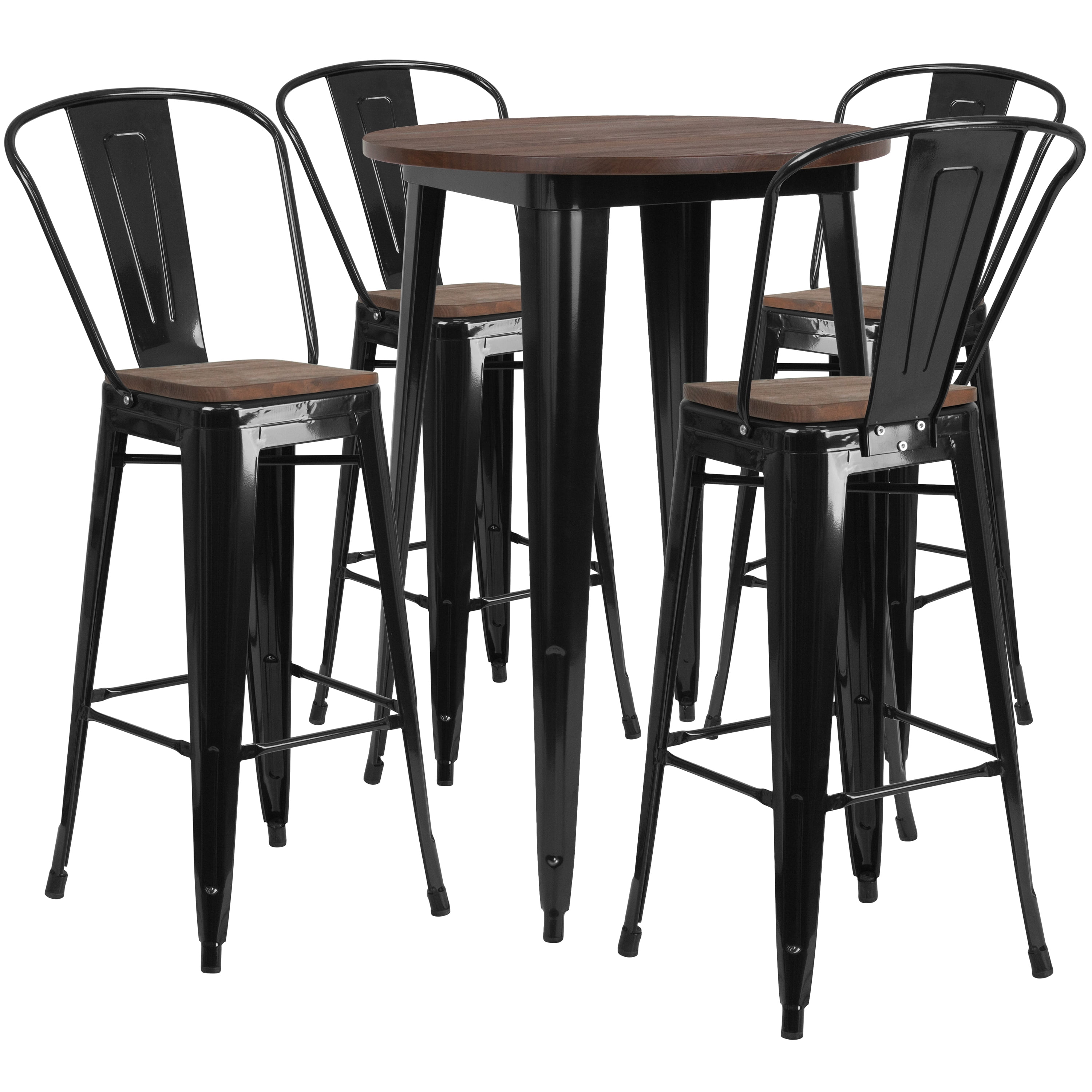 Flash Furniture 30" Round Black Metal Bar Table Set with Wood Top and 4 ...