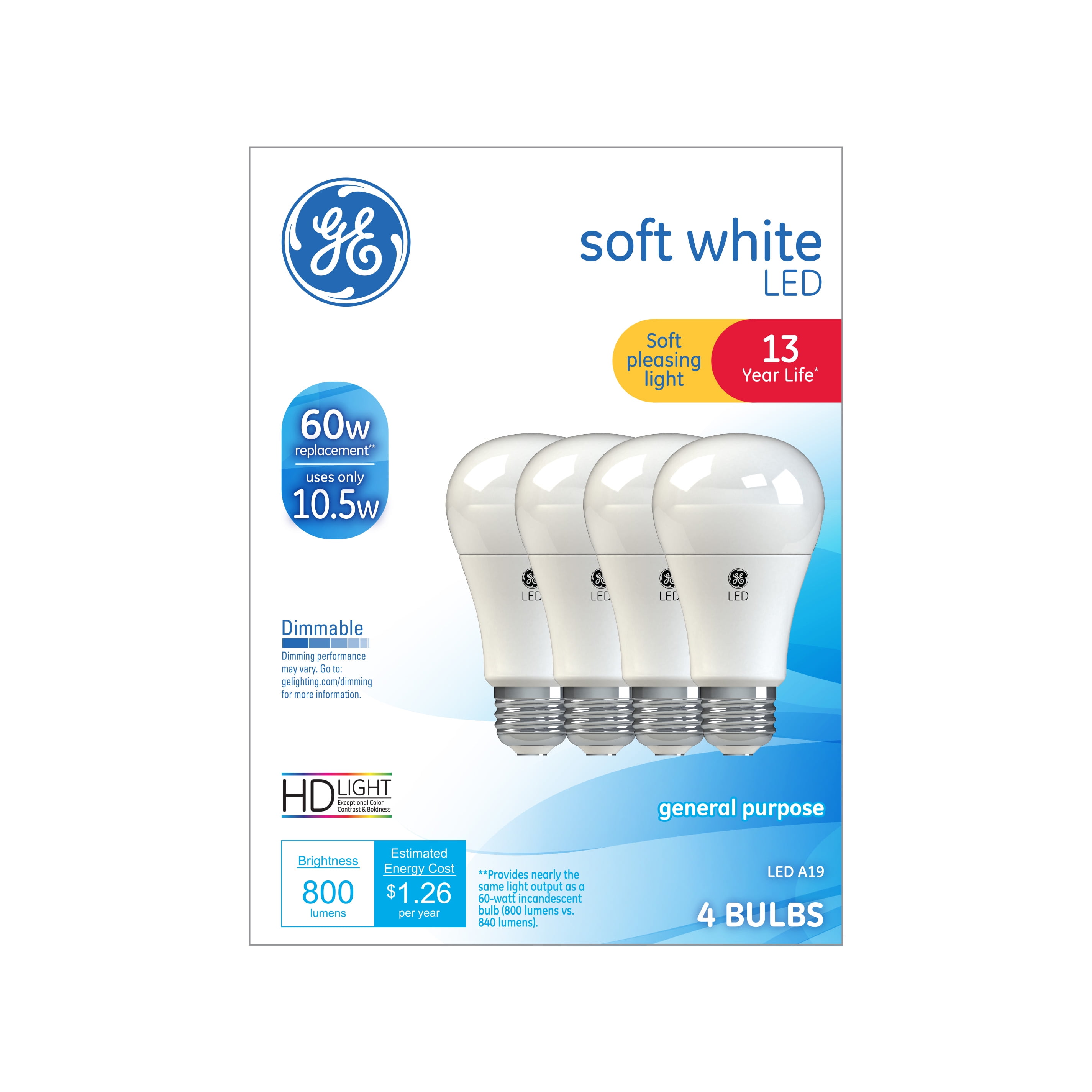 GE Soft White LED HD Light Bulbs, 10 Watt (60 Watt Equivalent) Standard ...