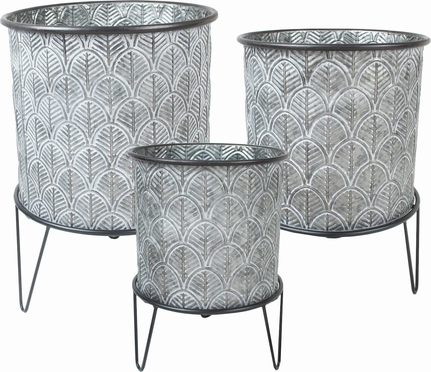 Set Of 3 Silver White Washed Patterned Buckets On Metal Legs Planters ...