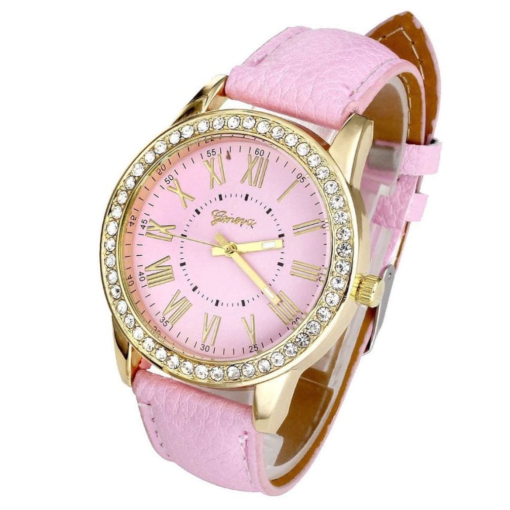 Woman Crystal Face with Roman Numeral Numbers Watch White Face Pink ...