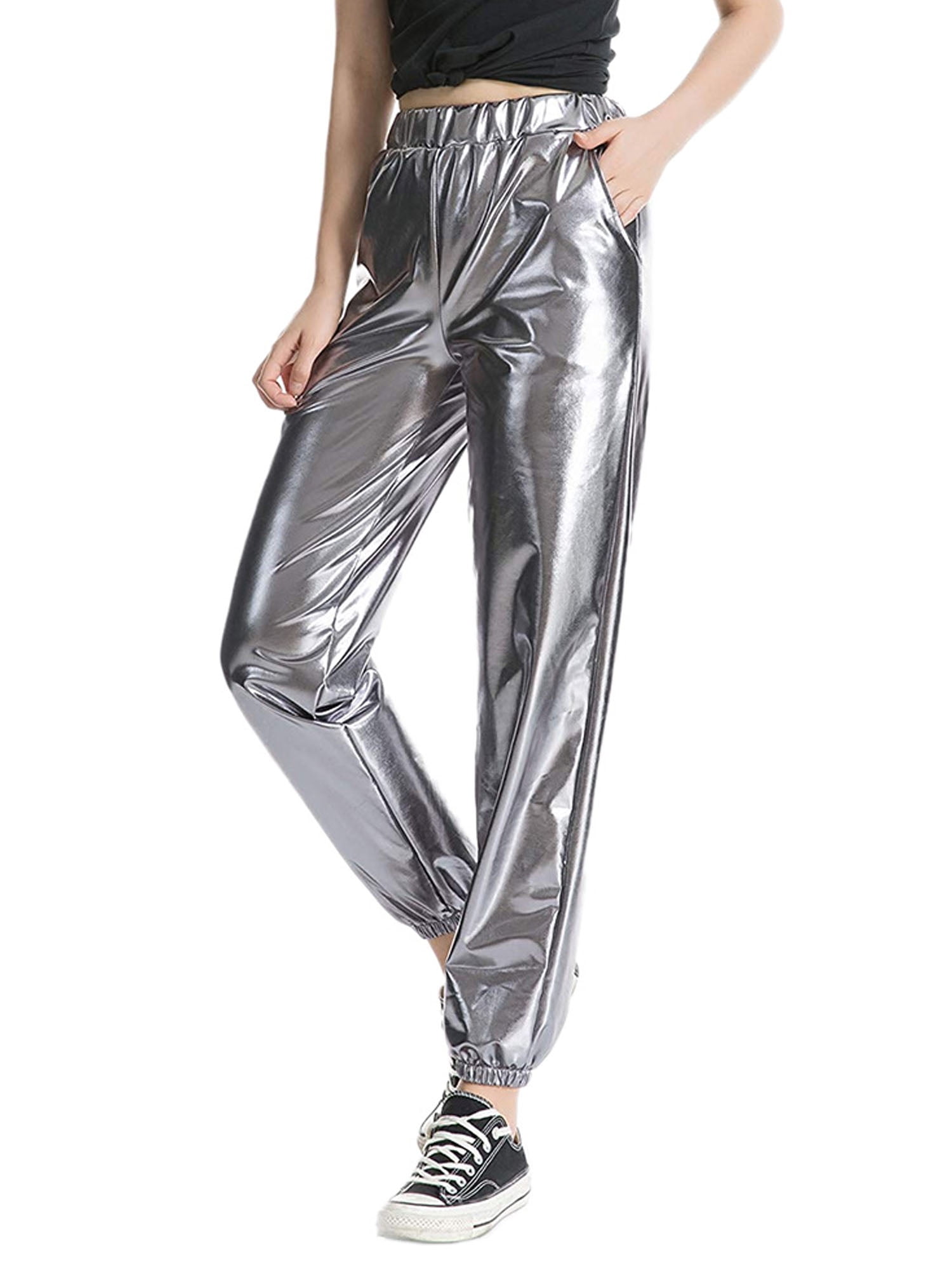 Women Shiny Metallic Pants Street Dance Party Cargo Pant High Waist ...