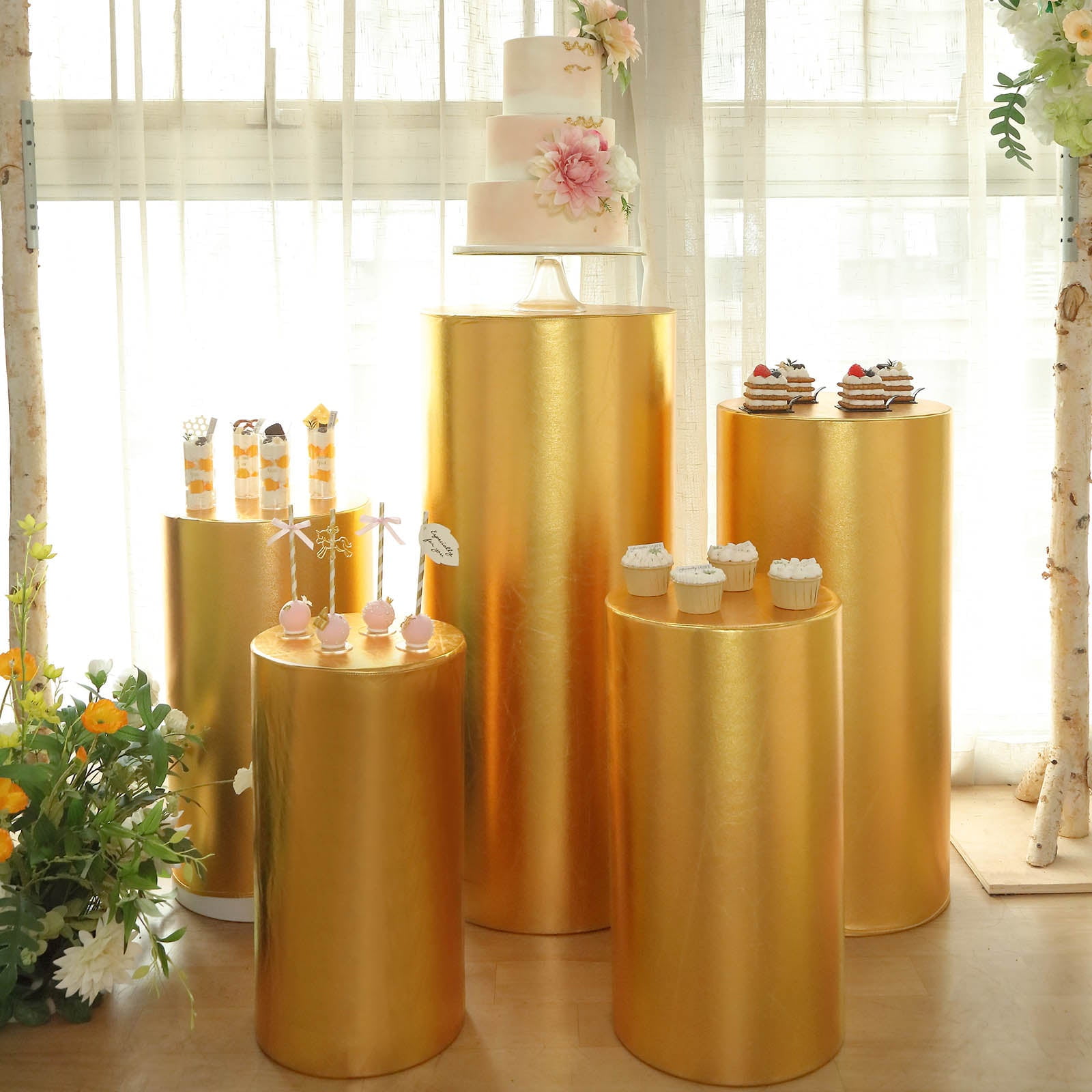 Efavormart Set Of 5 | Metallic Gold Spandex Cylinder Display Box Stand ...