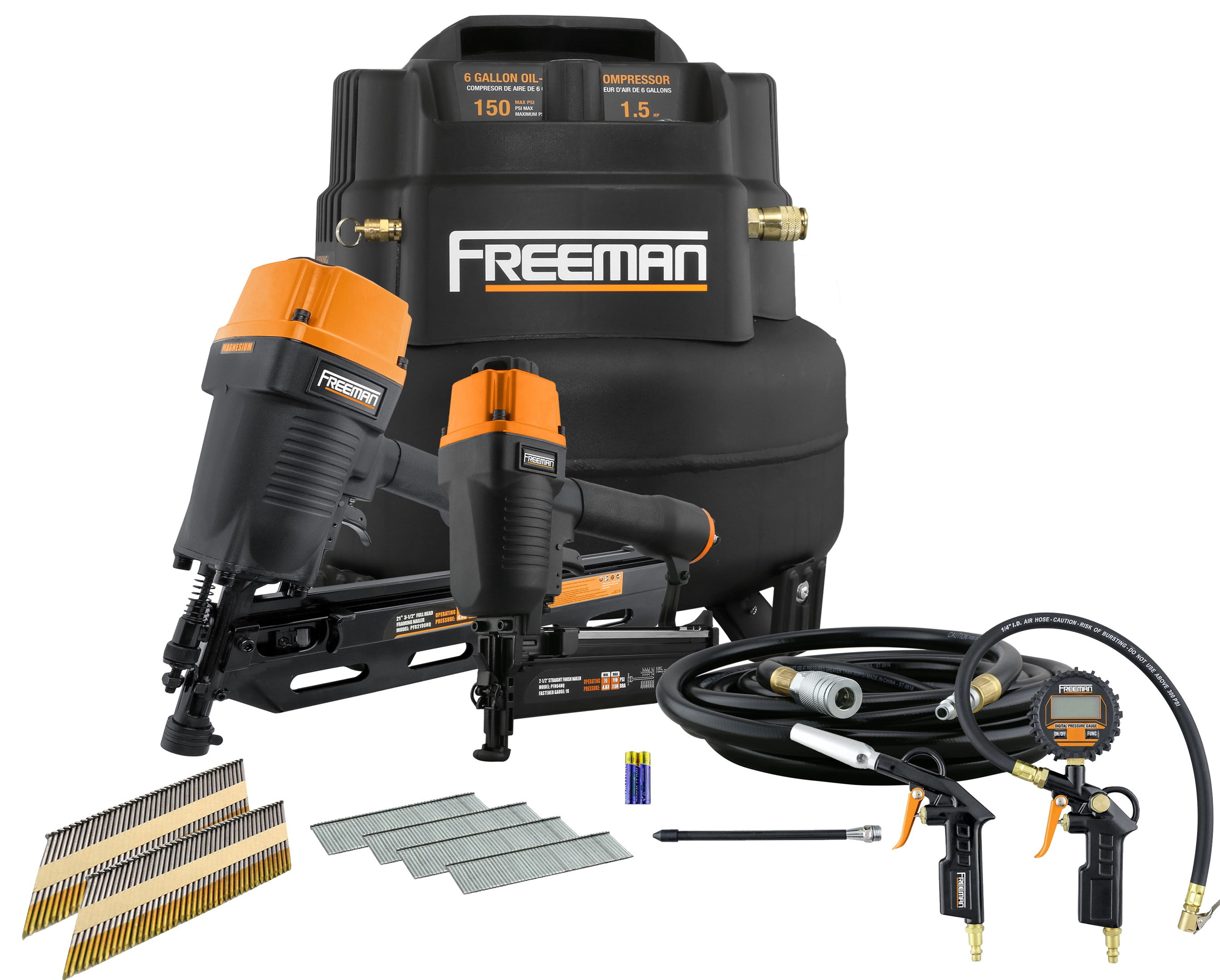 Freeman 6 Gallon Air Compressor w/ Framing Nailer, Finish Nailer ...