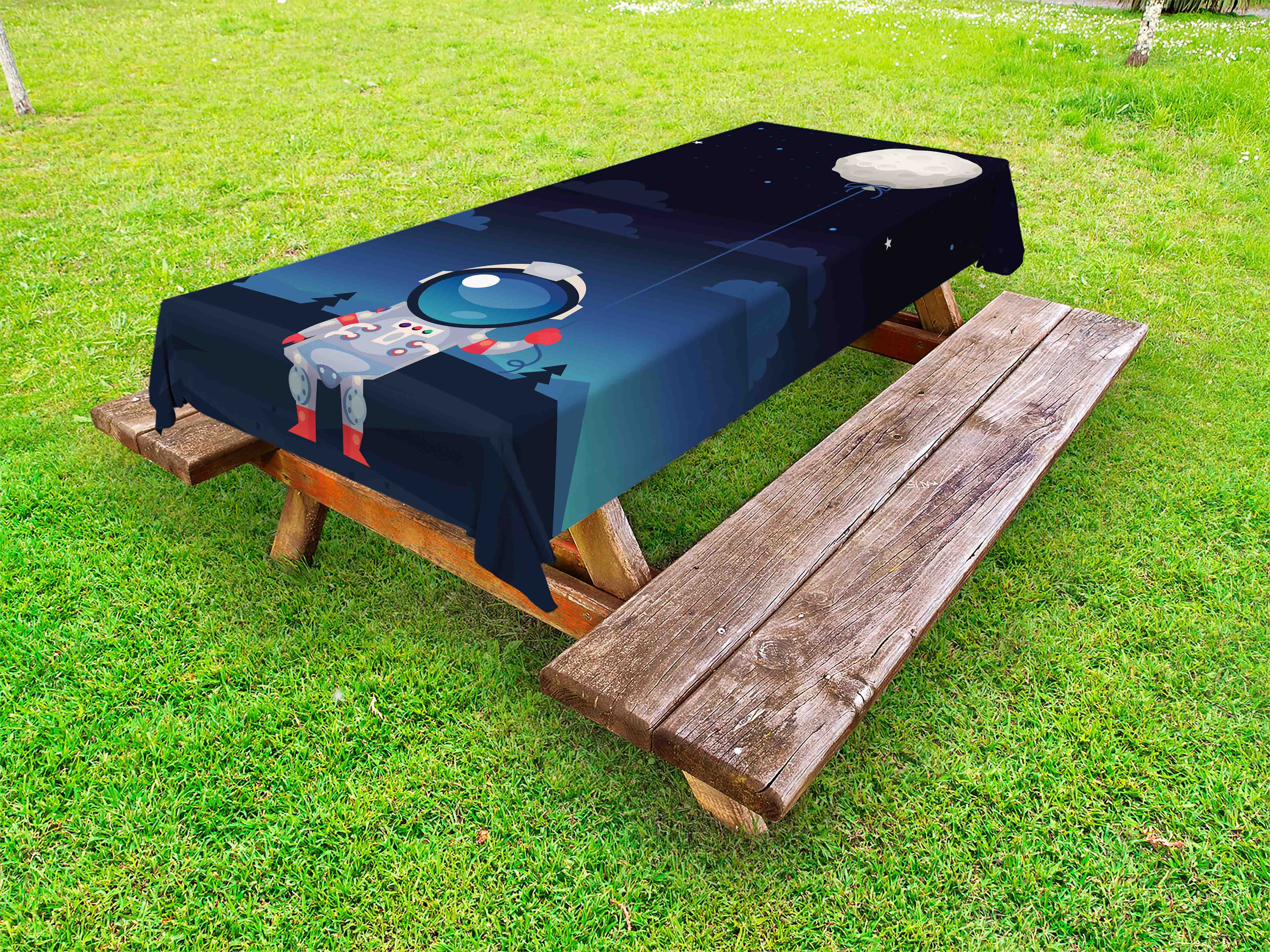 Space Outdoor Tablecloth, Astronaut in Spacesuit Holding a Moon Shaped Balloon in His Hand Print ...