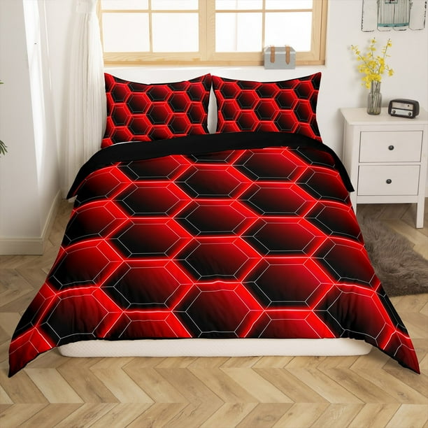 Geometric Hexagon King Bedding Sets for Girls,Neon Red Honeycomb ...
