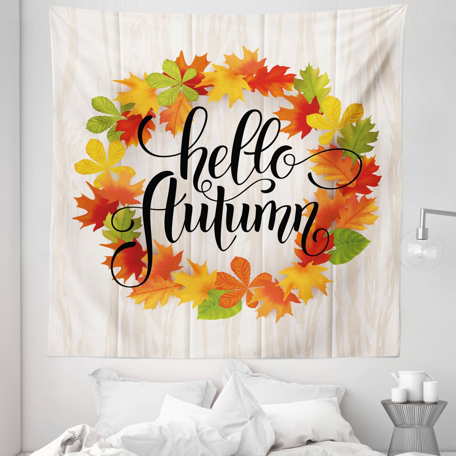Hello Fall Tapestry, Autumn Season Theme Hand Writing Surrounded by ...