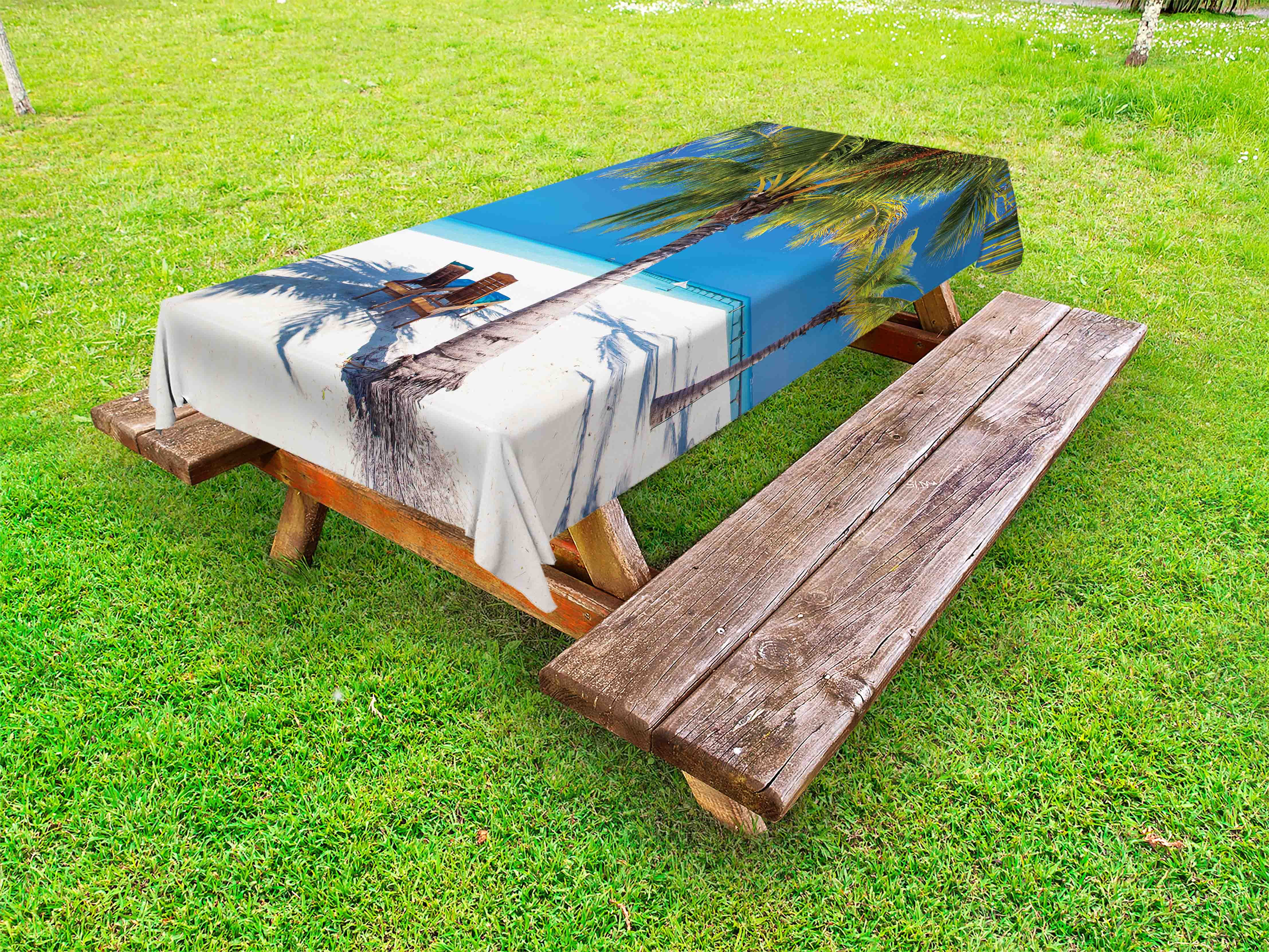 Beach Outdoor Tablecloth, Tropical Island with Palm Trees Sunbeds ...