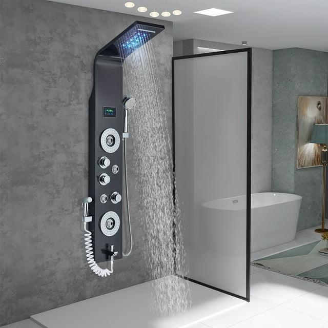Shower Panel Tower System Black with 6-Function LED Rainfall Waterfall Shower Handheld Shower ...