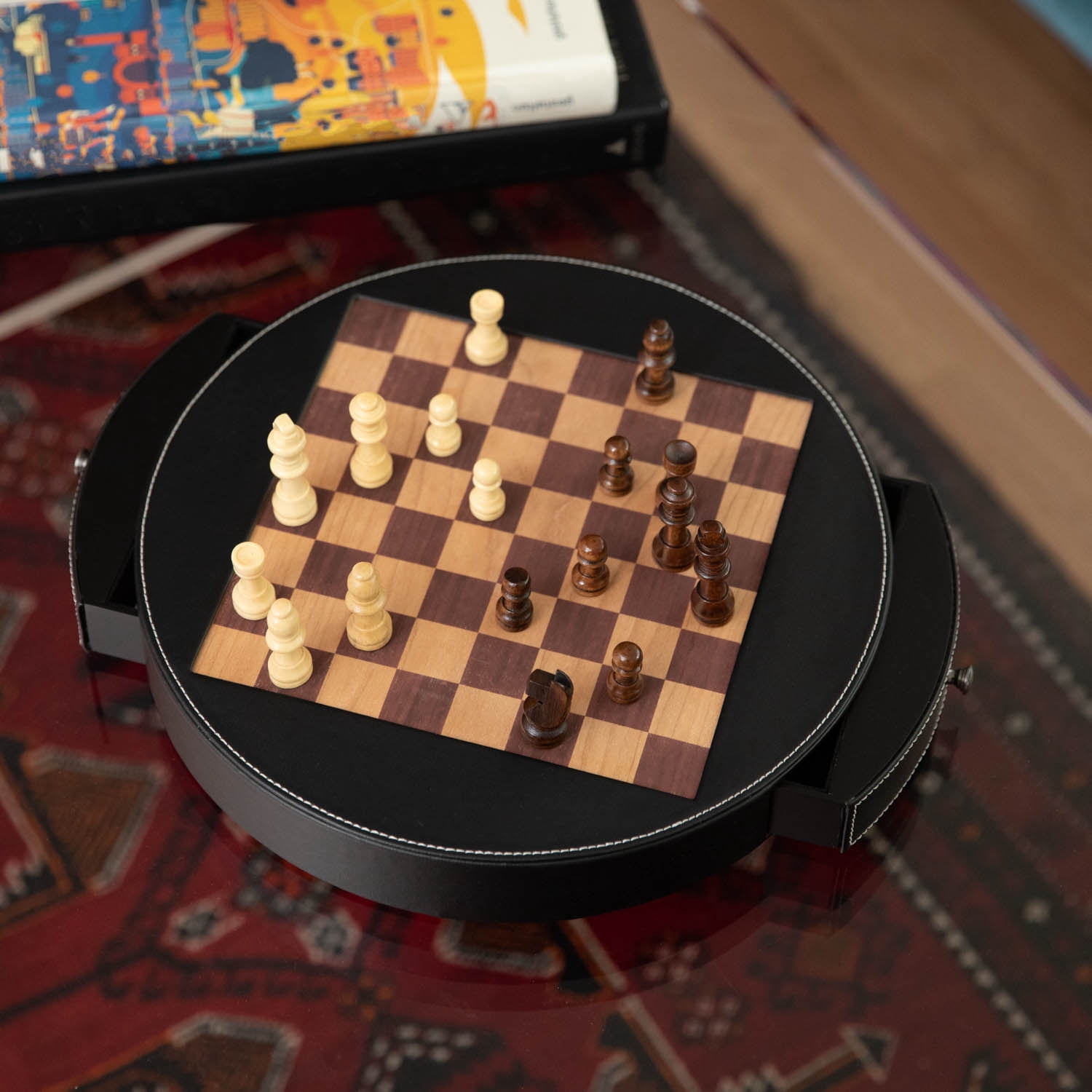 Chess Set in Wood with Black Leather Wrapped Around the Playing Board ...