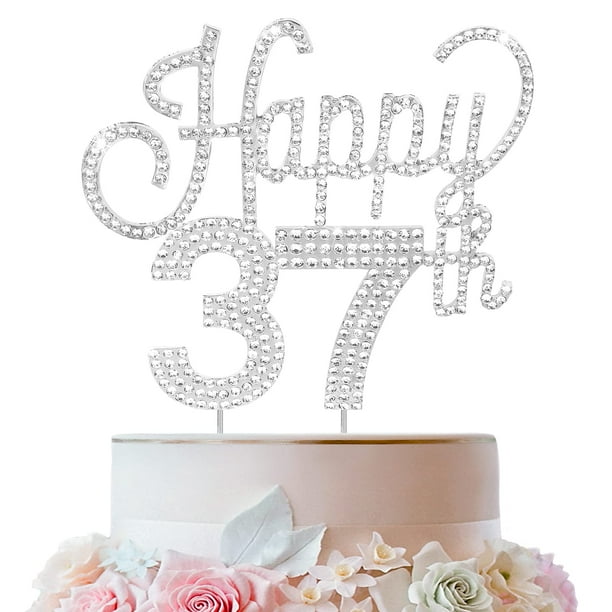 LINgTEER Happy 37th Birthday Silver Rhinestone cake Topper - cheers to ...