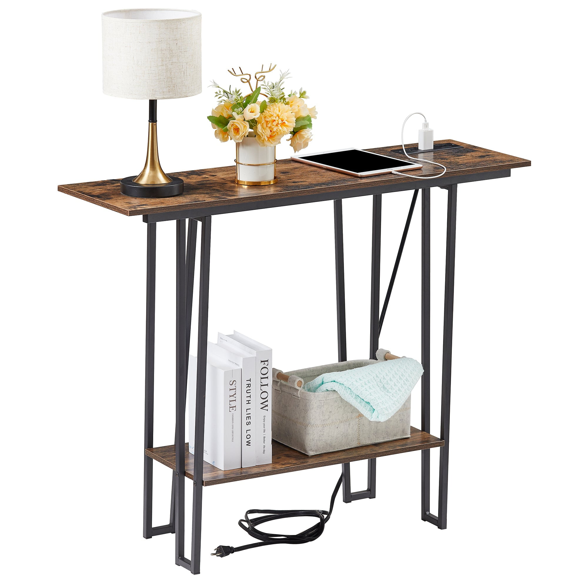 VECELO 39.3" Console Table with Charging Station, Industrial Sofa Table ...